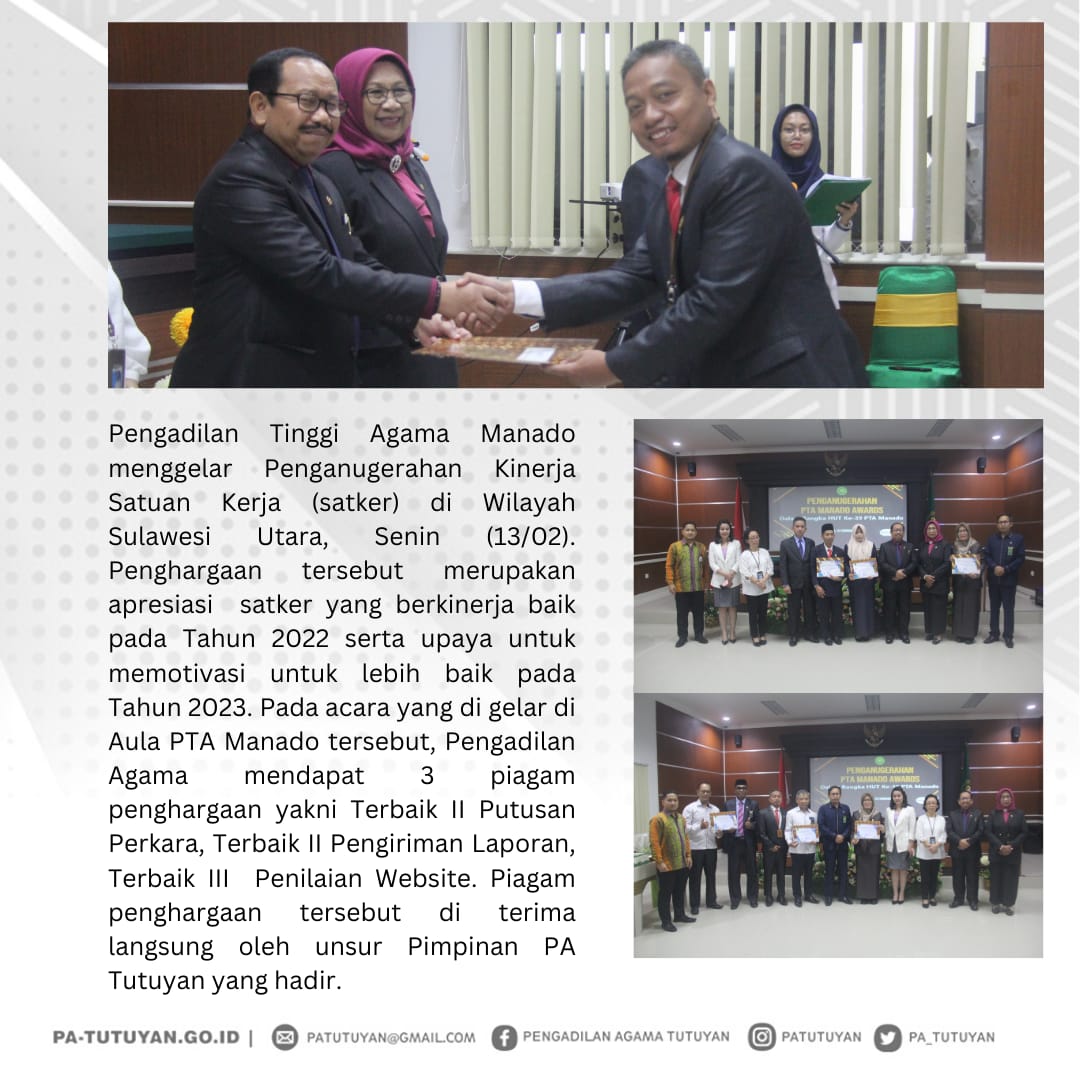 Pengadilan Agama Tutuyan Menerima 3 Penghargaan dari PTA Manado